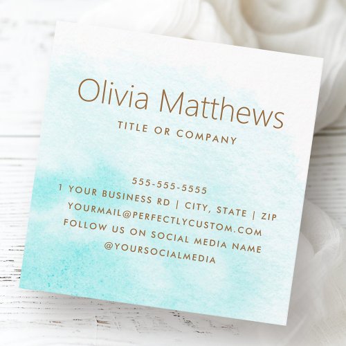 Elegant aqua blue watercolor custom logo square business card ...